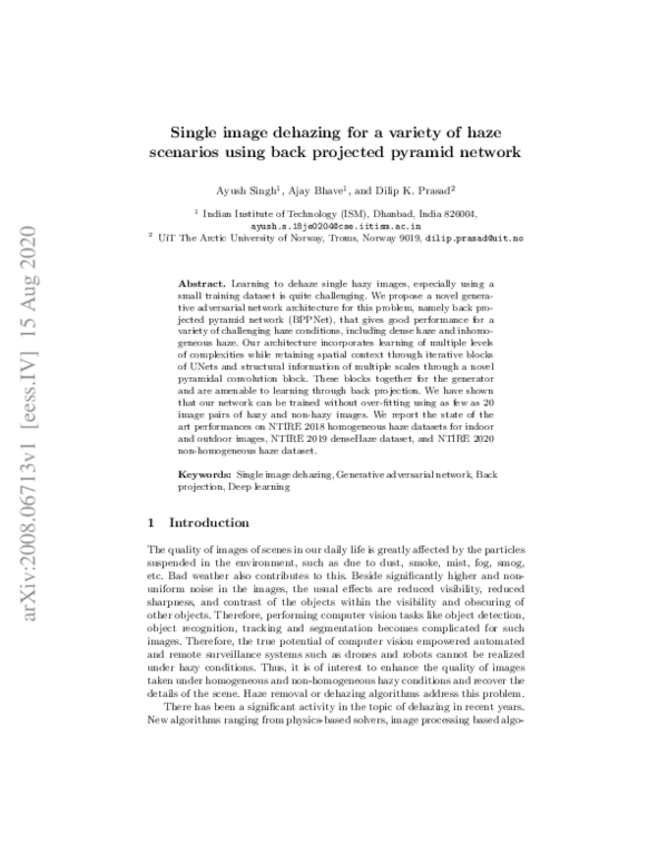 (PDF) Single Image Dehazing for a Variety of Haze Scenarios Using Back Projected Pyramid Network