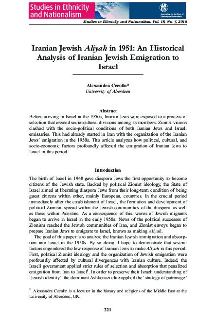 (PDF) Iranian Jewish Aliyah in 1951: An Historical Analysis of Iranian ...
