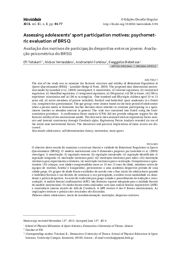 (PDF) Assessing adolescents’ sport participation motives: psychometric ...