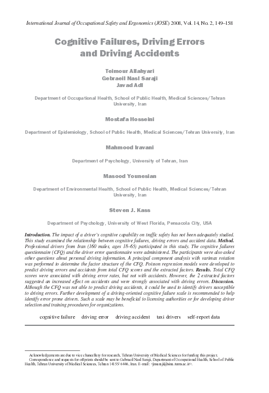 (PDF) Cognitive failures, driving errors and driving accidents