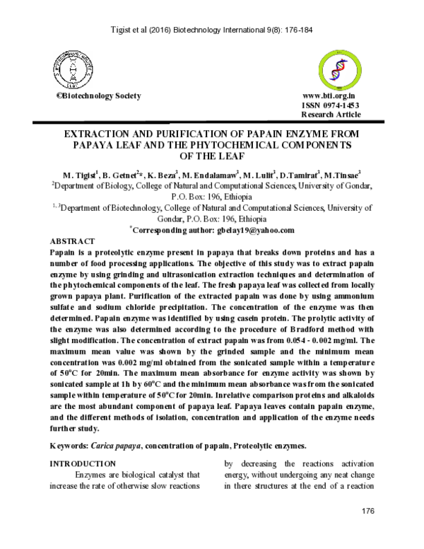 (PDF) Extraction and Purification of Papain Enzyme from Papaya Leaf and ...
