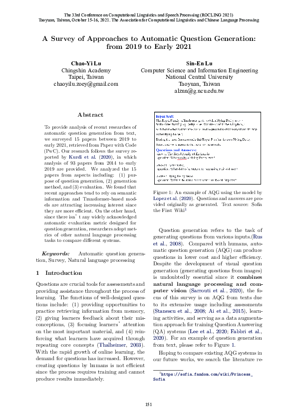 (PDF) A Survey of Approaches to Automatic Question Generation:from 2019 to Early 2021