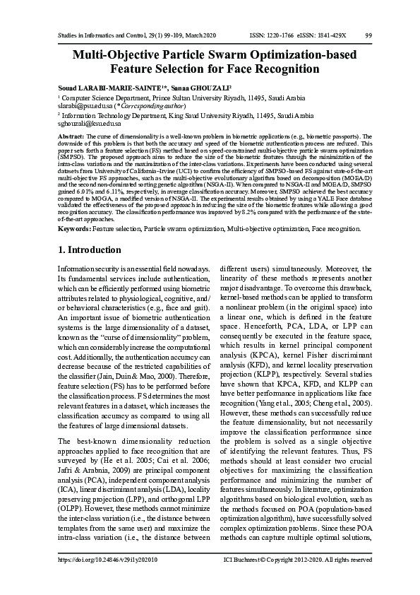 (PDF) Multi-Objective Particle Swarm Optimization-based Feature Selection for Face Recognition