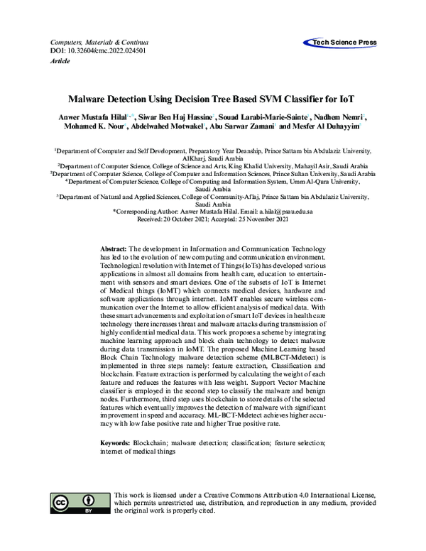 (PDF) Malware Detection Using Decision Tree Based SVM Classifier for IoT