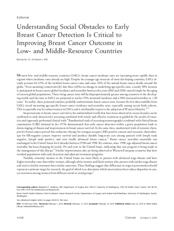 (PDF) Understanding social obstacles to early breast cancer detection is critical to improving ...