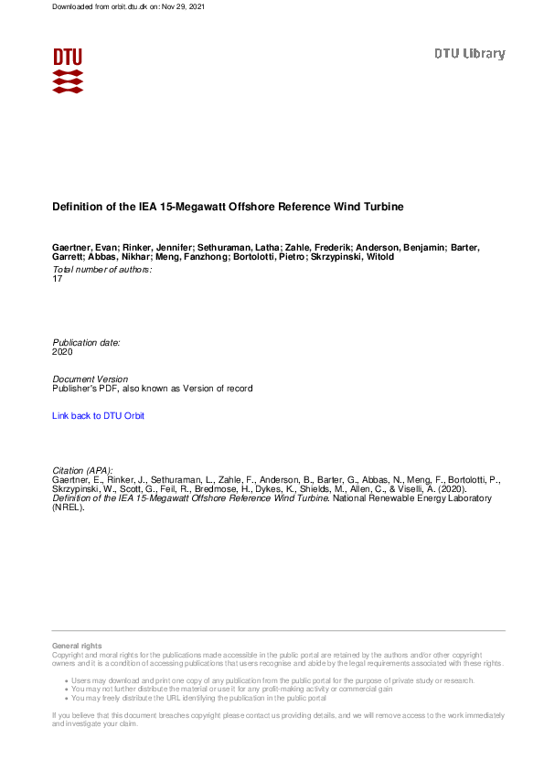 (PDF) IEA Wind TCP Task 37: Definition of the IEA 15-Megawatt Offshore Reference Wind Turbine