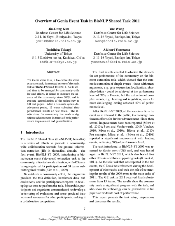 (PDF) Overview of genia event task in bionlp shared task 2011