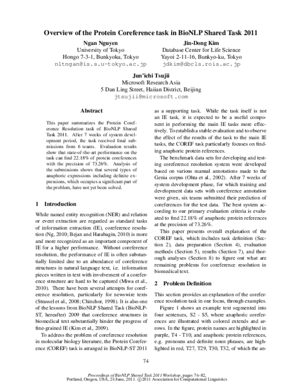 (PDF) Overview of the Protein Coreference task in BioNLP Shared Task 2011