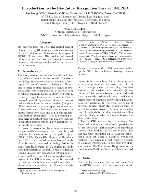 Pdf Introduction To The Bio Entity Recognition Task At Jnlpba