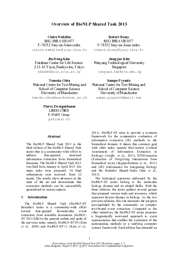 (PDF) Overview of BioNLP shared task 2013