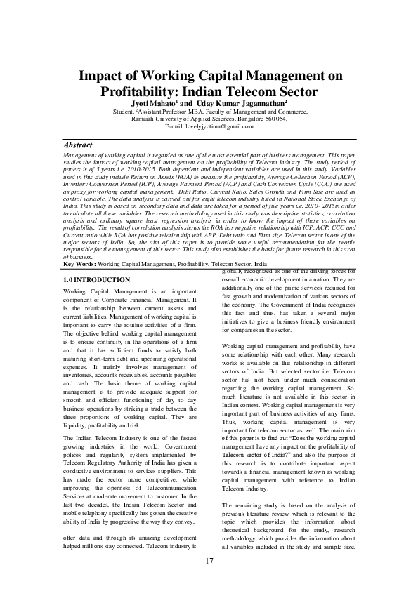 (PDF) Working Capital and Profitability in Indian Telecom