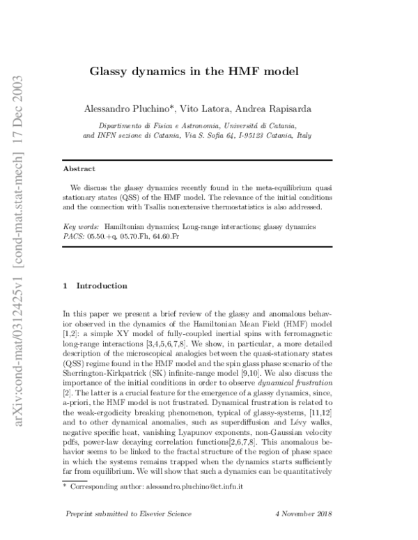 Pdf Glassy Dynamics In The Hmf Model Alessandro Pluchino