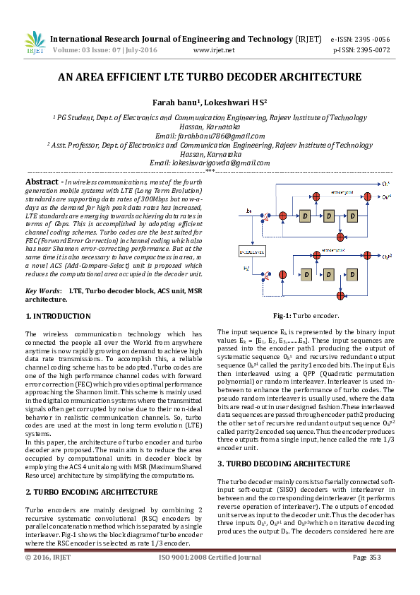 Pdf An Area Efficient Lte Turbo Decoder Architecture
