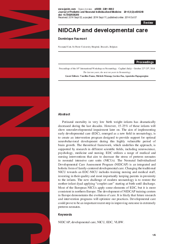 (PDF) NIDCAP and developmental care