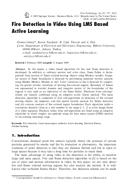 Pdf Fire Detection In Video Using Lms Based Active Learning Enis