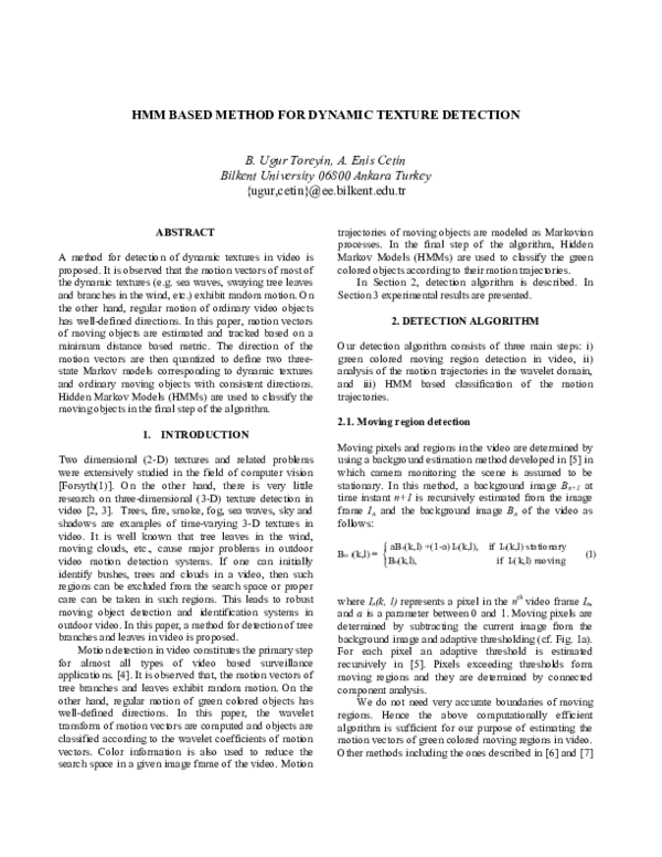 (PDF) HMM Based Method for Dynamic Texture Detection | Enis Cetin - Academia.edu