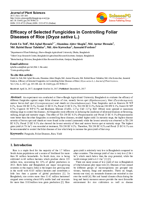 (PDF) Efficacy of BAU-Biofungicide, Chemical Fungicides and Plant Extracts on Rice (Oryza Sativa ...