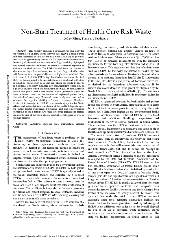(PDF) Non-Burn Treatment Of Health Care Risk Waste
