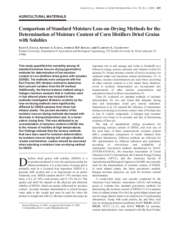 (PDF) Comparison of Standard Moisture Loss-on-Drying Methods for the ...