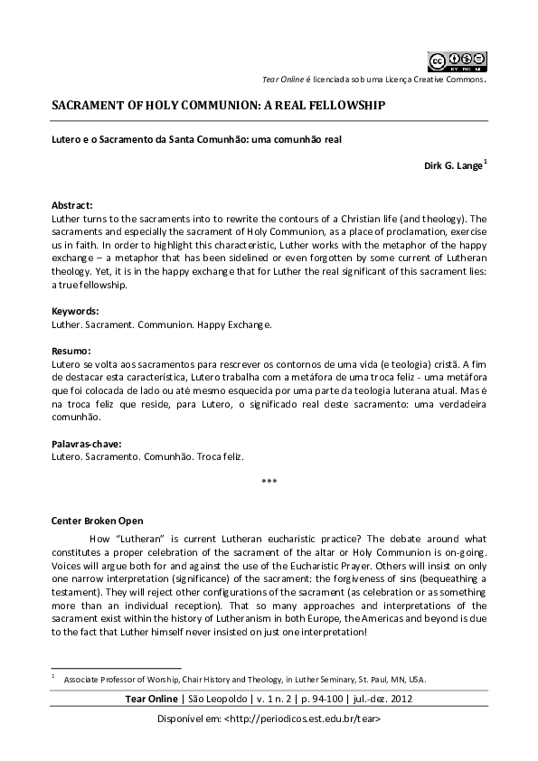 (PDF) Sacrament of holy communion: a real fellowship