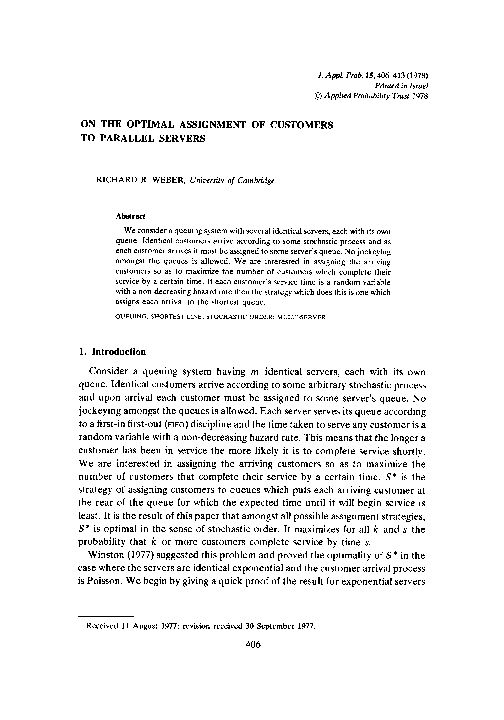 Pdf On The Optimal Assignment Of Customers To Parallel Servers