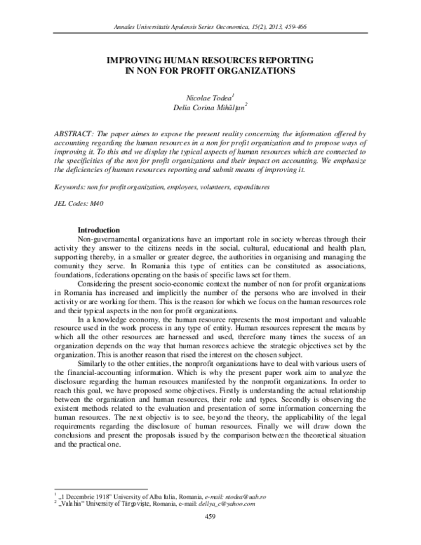(PDF) Improving Human Resources Reporting In Non For Profit Organizations