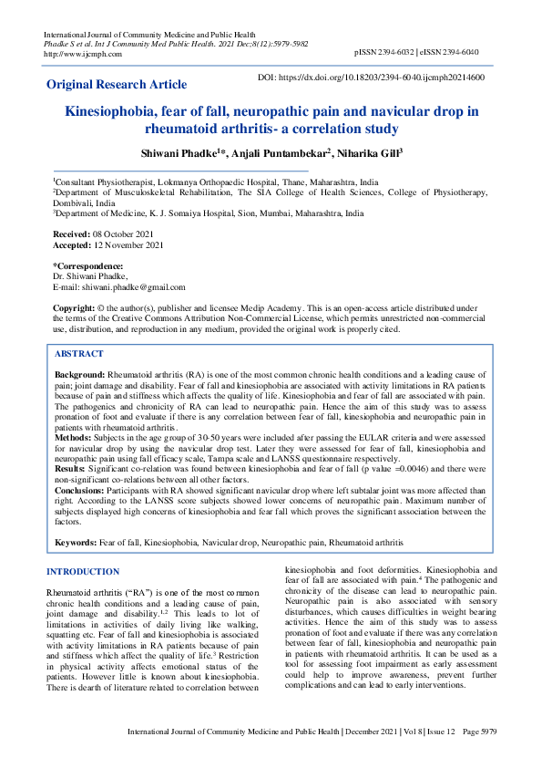(PDF) Kinesiophobia, fear of fall, neuropathic pain and navicular drop ...