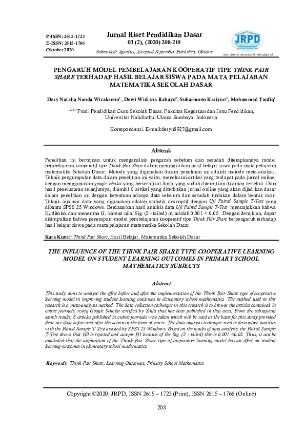 (PDF) Pengaruh Model Pembelajaran Kooperatif Tipe Think Pair Share Terhadap Hasil Belajar Siswa ...