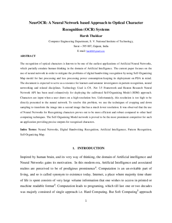 (PDF) NeurOCR : A Neural Network based Approach to Optical Character Recognition ( OCR ) Systems ...