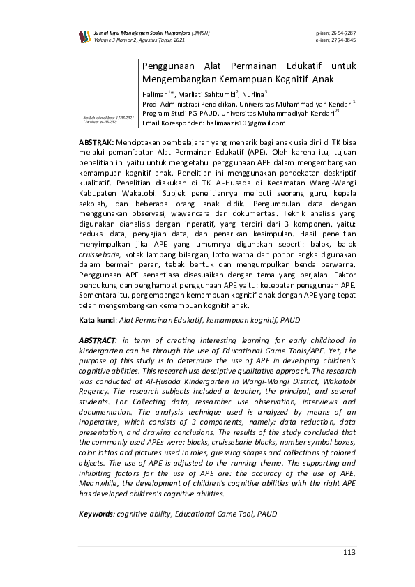 (PDF) Penggunaan Alat Permainan Edukatif untuk Mengembangkan Kemampuan Kognitif Anak