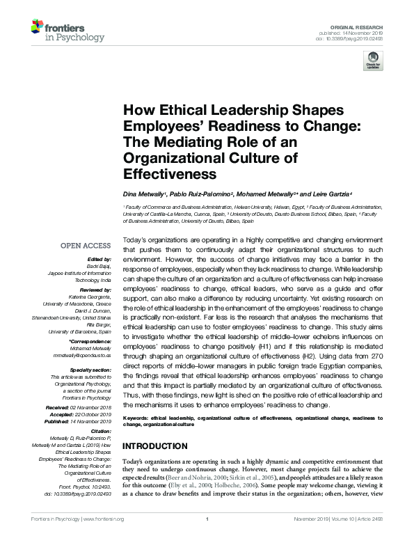 (PDF) How Ethical Leadership Shapes Employees’ Readiness to Change: The Mediating Role of an ...
