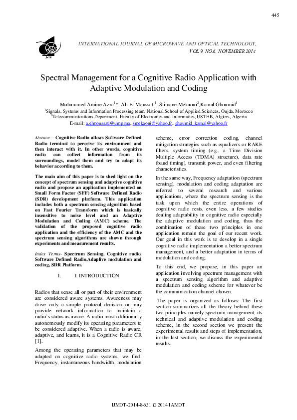(PDF) Spectral Management for a Cognitive Radio Application with Adaptive Modulation and Coding ...