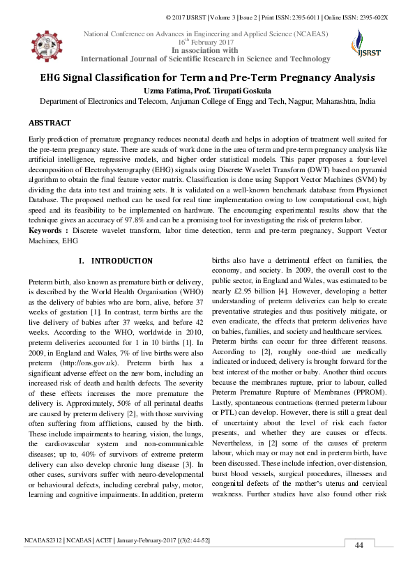 (PDF) EHG Signal Classification for Term and Pre-Term Pregnancy Analysis
