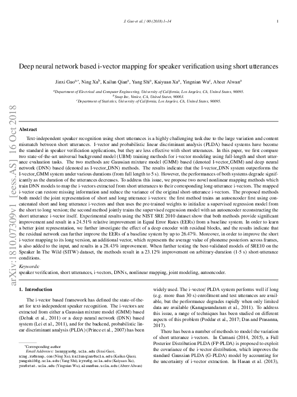 Pdf Deep Neural Network Based I Vector Mapping For Speaker Verification Using Short Utterances