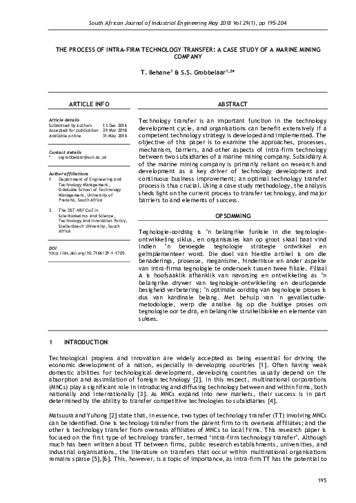 (PDF) The Process of Intra-Firm Technology Transfer: A Case Study of a ...