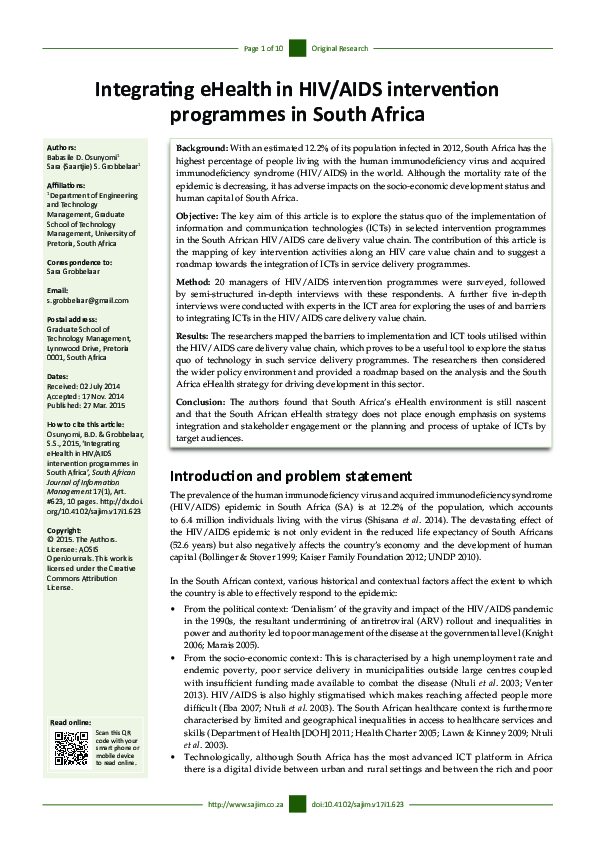 (PDF) Integrating eHealth in HIV/AIDS intervention programmes in South ...