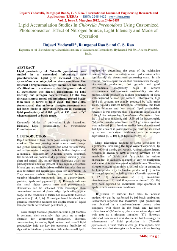 (PDF) Lipid Accumulation Studies In Chlorella Pyrenoidosa Using Customized Photobioreactor ...