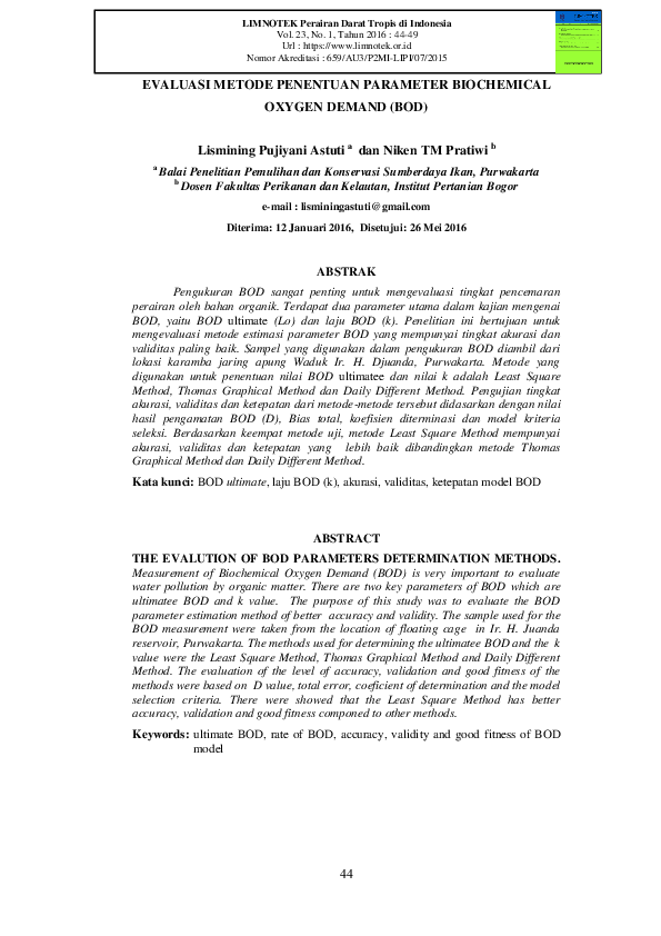 (PDF) Evaluasi Metode Penentuan Parameter Biochemical Oxygen Demand (Bod)