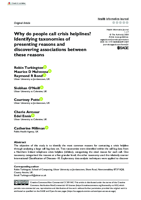 (PDF) Why do people call crisis helplines? Identifying taxonomies of ...