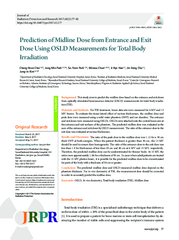 (PDF) Prediction of Midline Dose from Entrance and Exit Dose Using OSLD ...