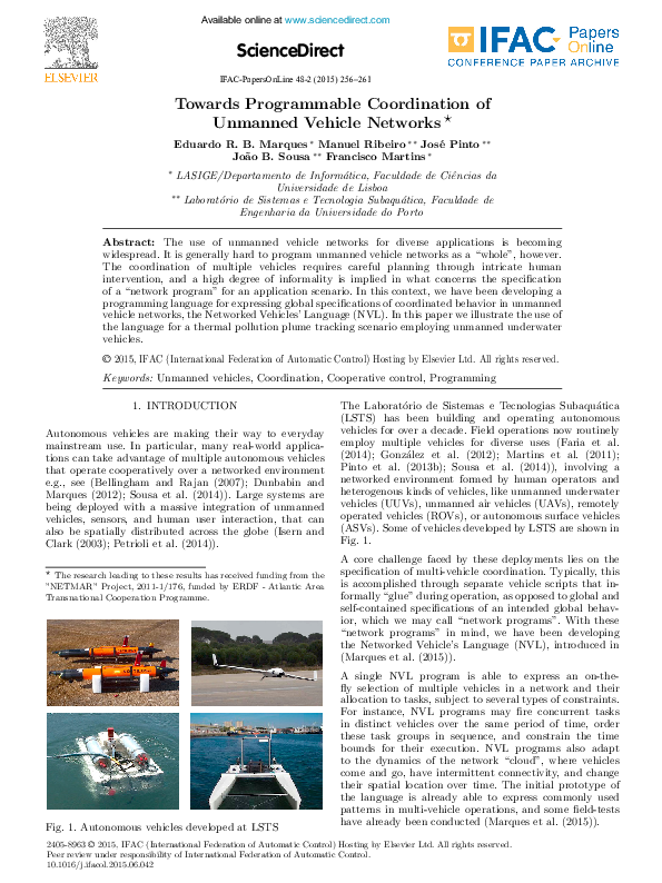 (PDF) Towards Programmable Coordination of Unmanned Vehicle Networks★