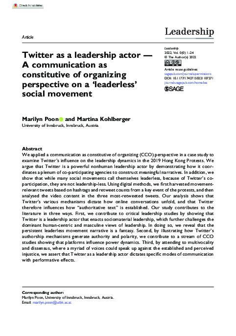 (PDF) Twitter as a leadership actor -A CCO perspective on a 'leaderless ...