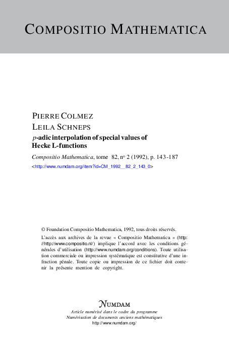 (PDF) $p$-adic interpolation of special values of Hecke L-functions