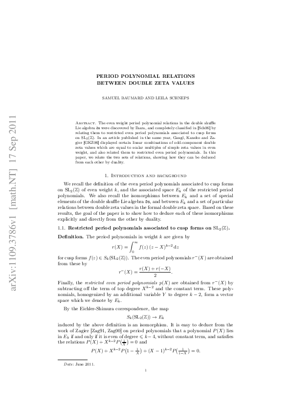 (PDF) Period polynomial relations between double zeta values | Leila Schneps - Academia.edu