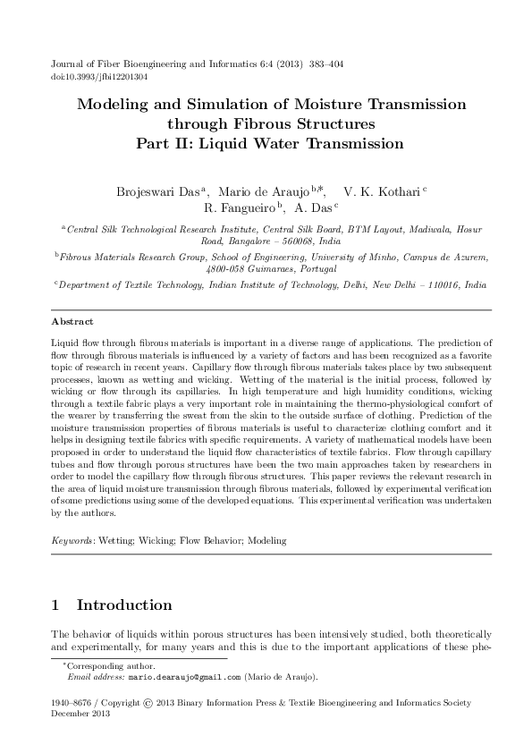(PDF) Modeling and simulation of moisture transmission through fibrous structures part II ...