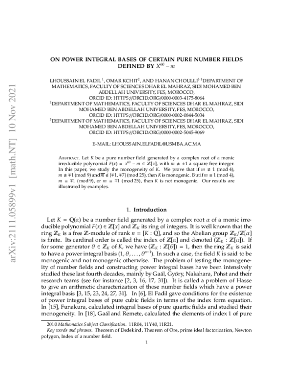 (PDF) On power integral bases of certain pure number fields defined by ...