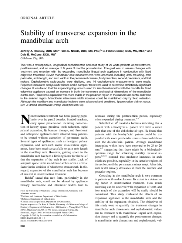 (PDF) Stability of transverse expansion in the mandibular arch