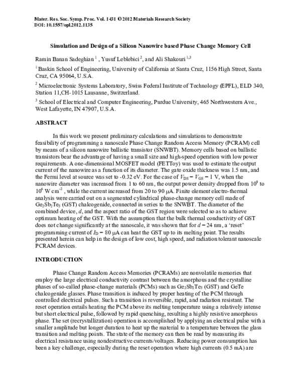 (PDF) Simulation and Design of a Silicon Nanowire based Phase Change Memory Cell