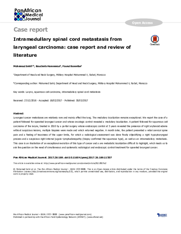 (PDF) Intramedullary spinal cord metastasis from laryngeal carcinoma: case report and review of ...