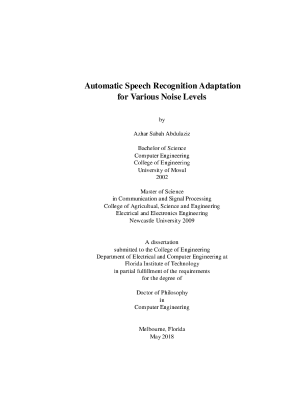 (PDF) Automatic Speech Recognition Adaptation for Various Noise Levels
